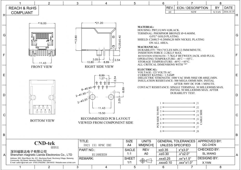 CND-tek R1188ER59 5921 1x1 8P8C EMI technical drawing