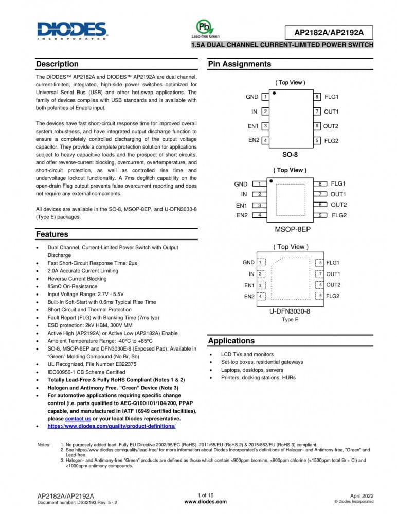 AP2192ASG-13 datasheet page 1