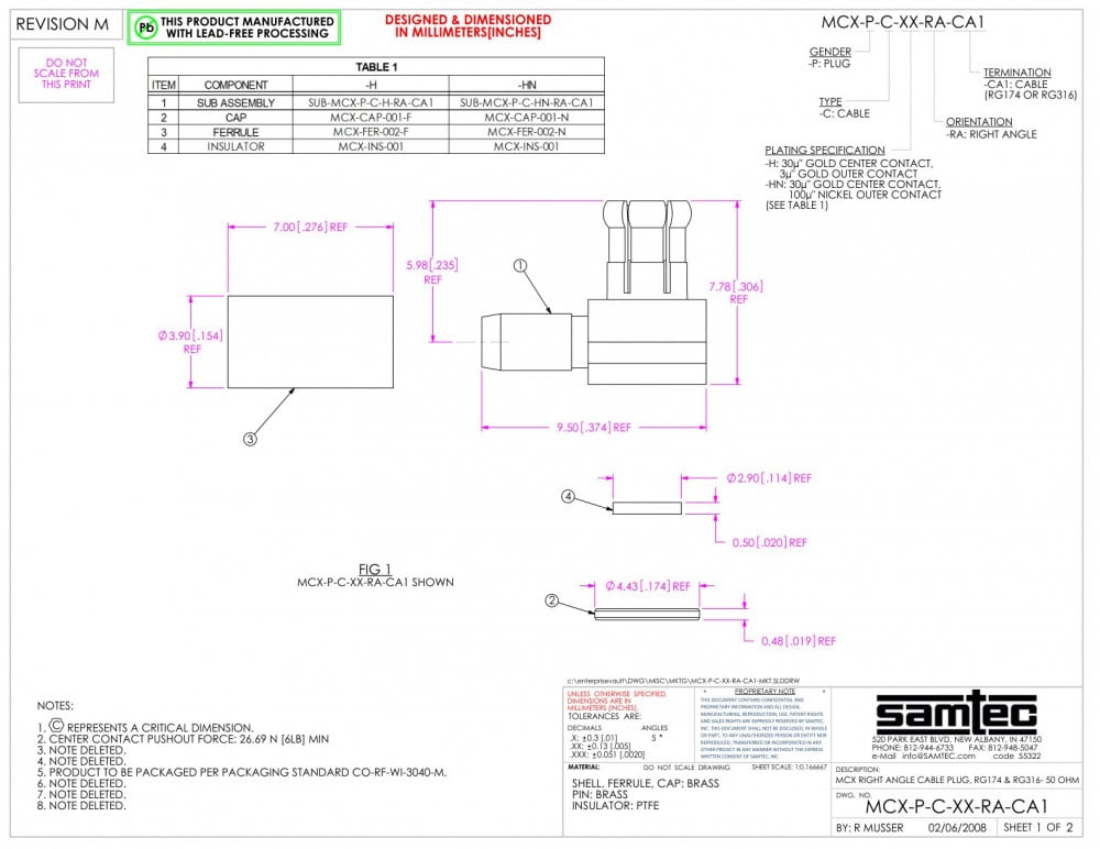 Samtec MCX-P-C-H-RA-CA1 engineering drawing page 1