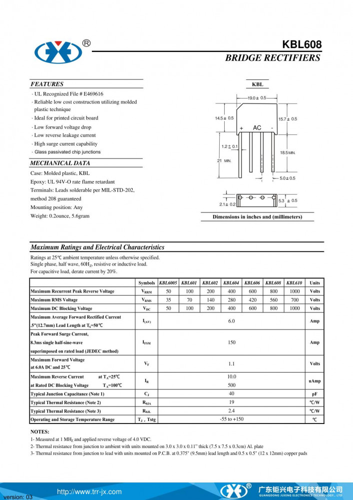 JUXING KBL608 datasheet page 1