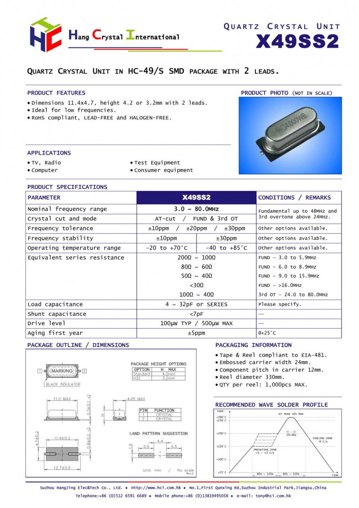 HCI X49SS2 quartz crystal unit datasheet page