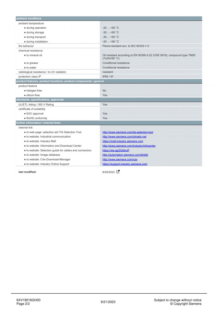 SIEMENS 6XV18016GH20 technical document page 2