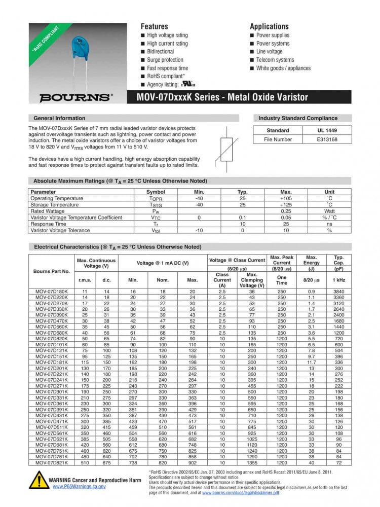 BOURNS MOV-07D series datasheet page 1
