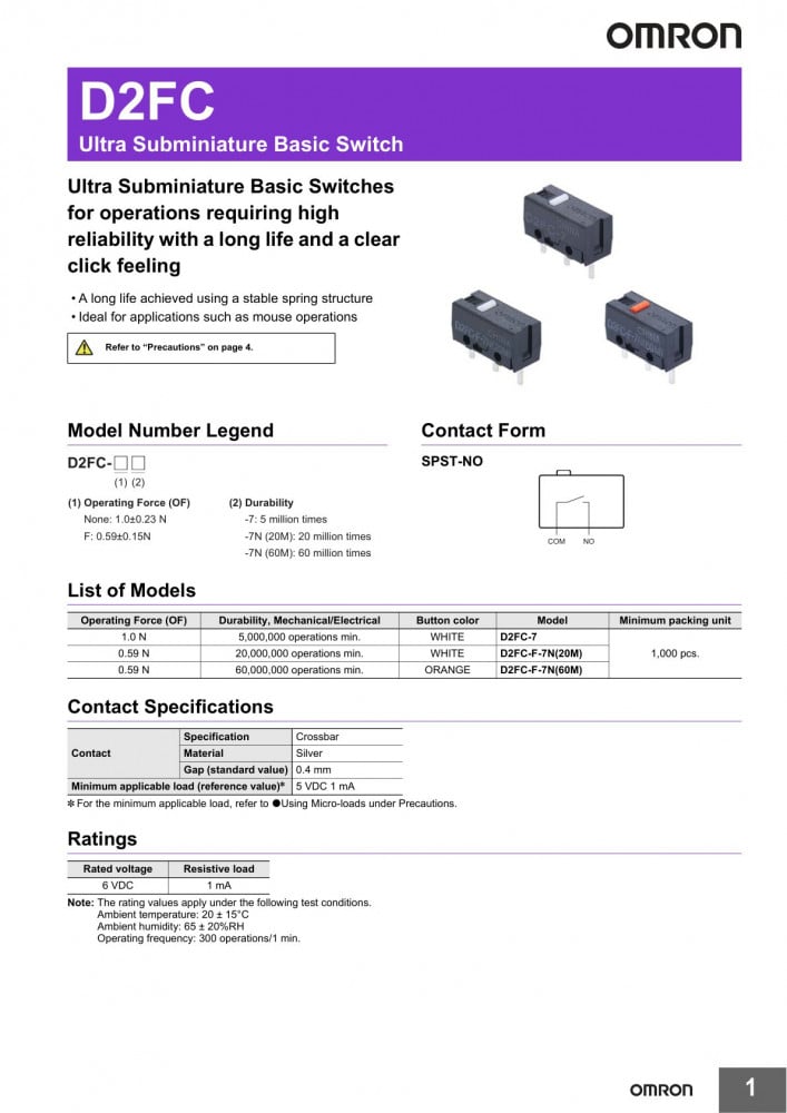 OMRON D2FC-F-7N(60M) datasheet page 1