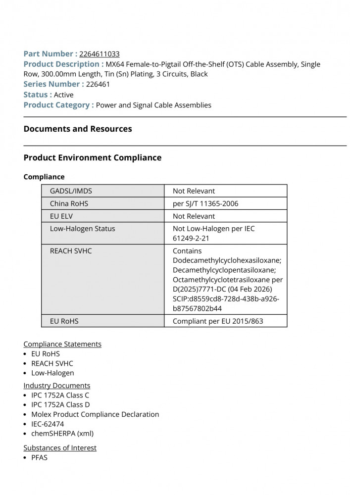 Technical document page 1 for MOLEX 2264611033