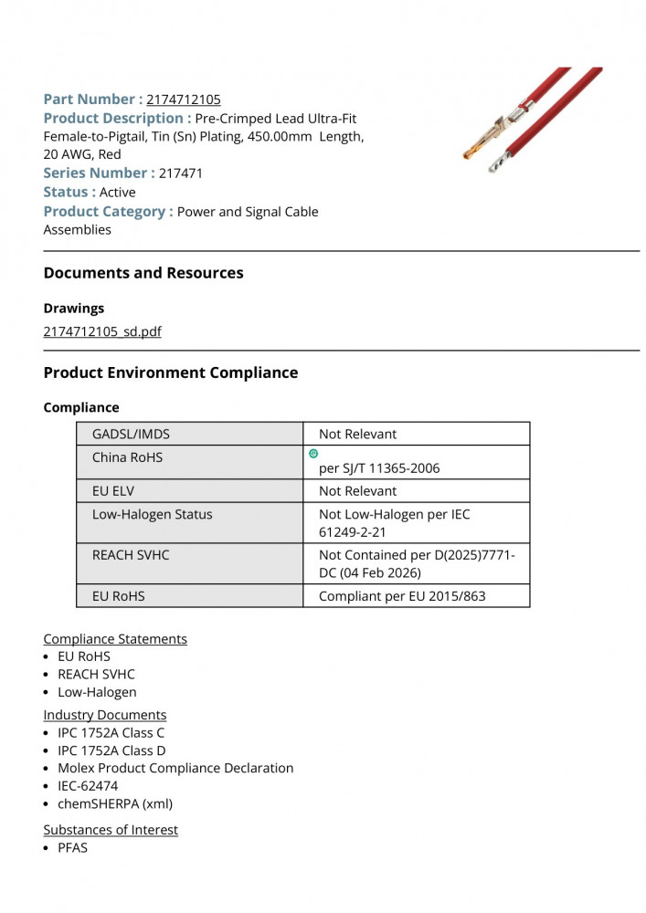 Technical document page 1 for MOLEX 2174712105