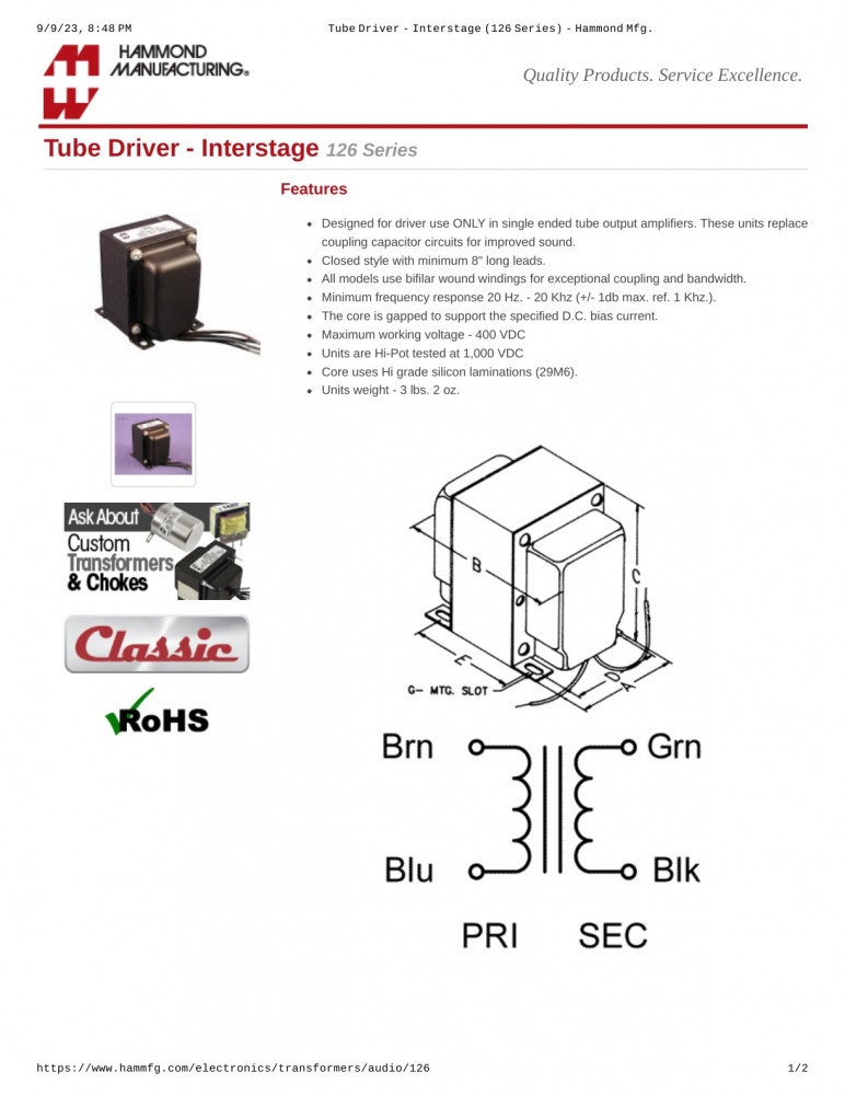 Hammond 126 Series technical document page 1