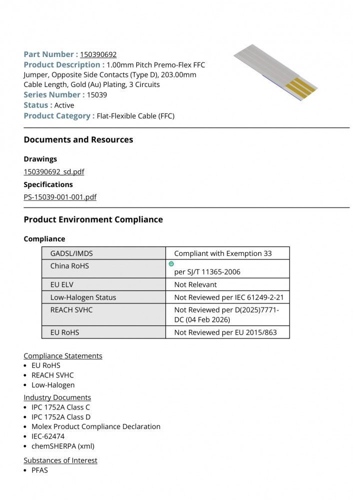 Molex FFC family specification, page 1