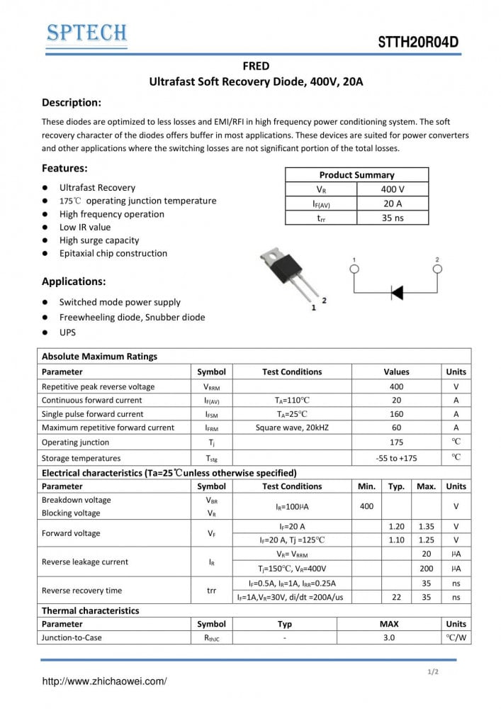 STTH20R04D datasheet page 1