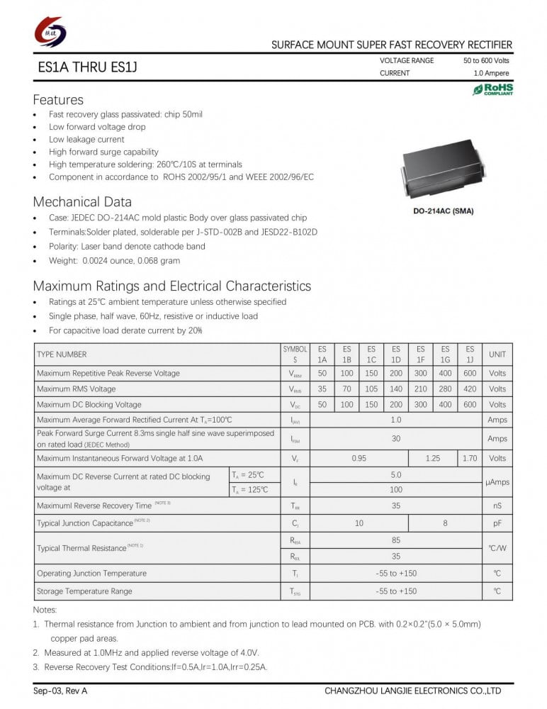 ES1J datasheet page 1