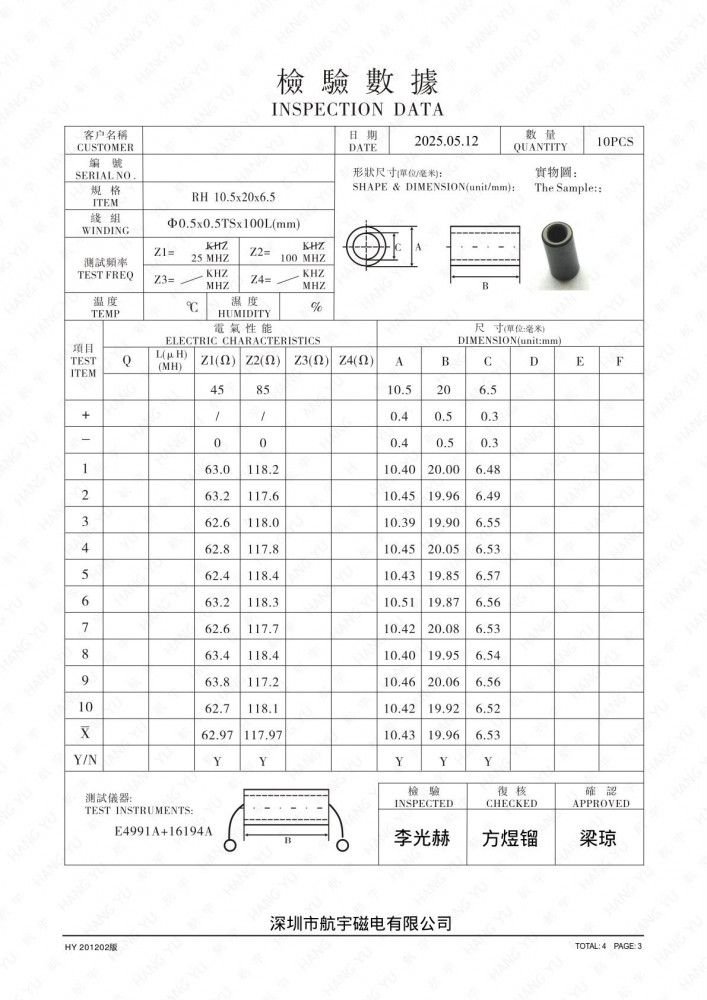 RH10.5×20×6.5 inspection data page