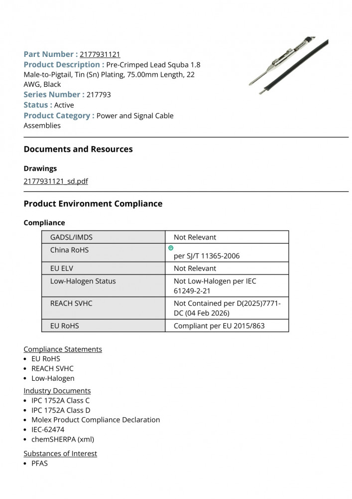 MOLEX 2177931121 product drawing, page 1