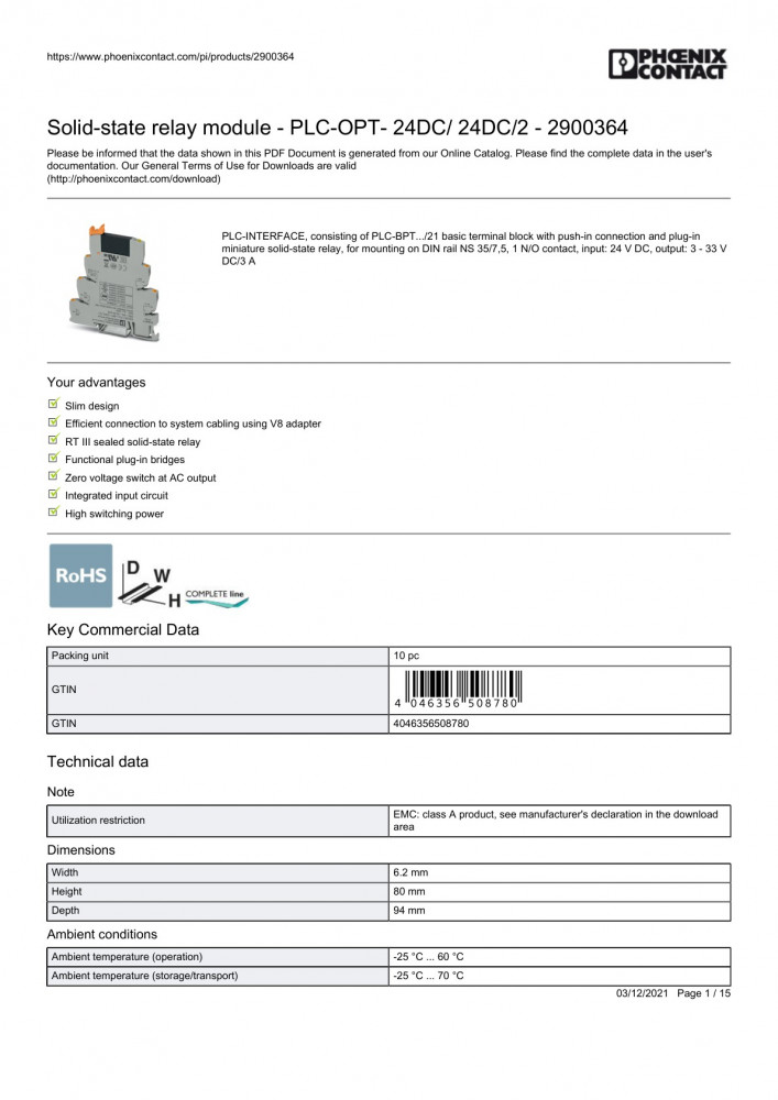 Phoenix Contact 2900364 technical document page 1