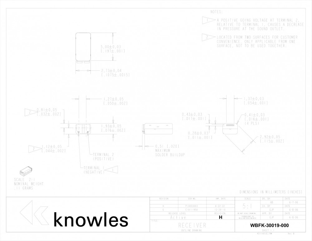 Knowles WBFK-30019-000 receiver outline drawing
