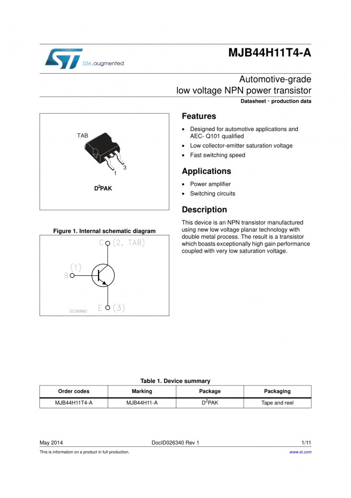 MJB44H11T4-A datasheet page 1