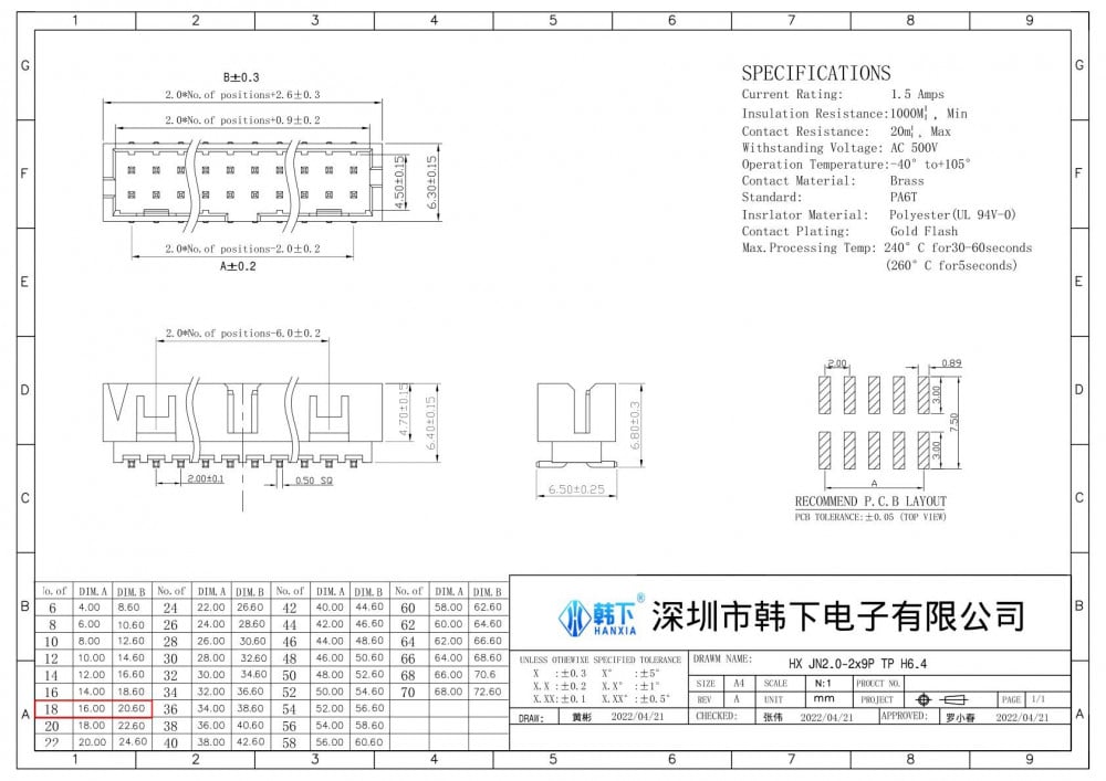 HANXIA HX JN2.0-2x9P TP H6.4 technical drawing