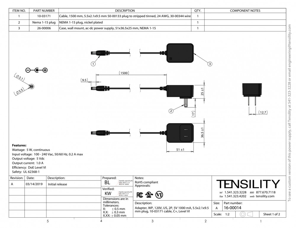 Tensility 16-00014 technical document, page 1