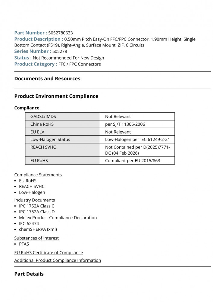 MOLEX 5052780633 document image, page 1
