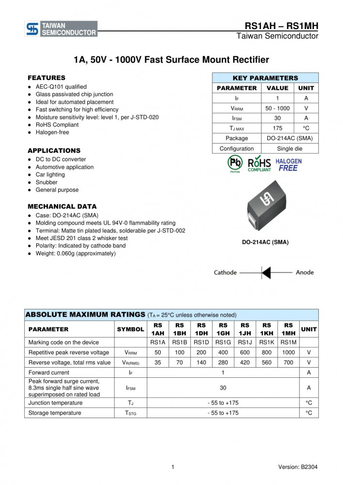 Taiwan Semiconductor RS1KH datasheet page 1