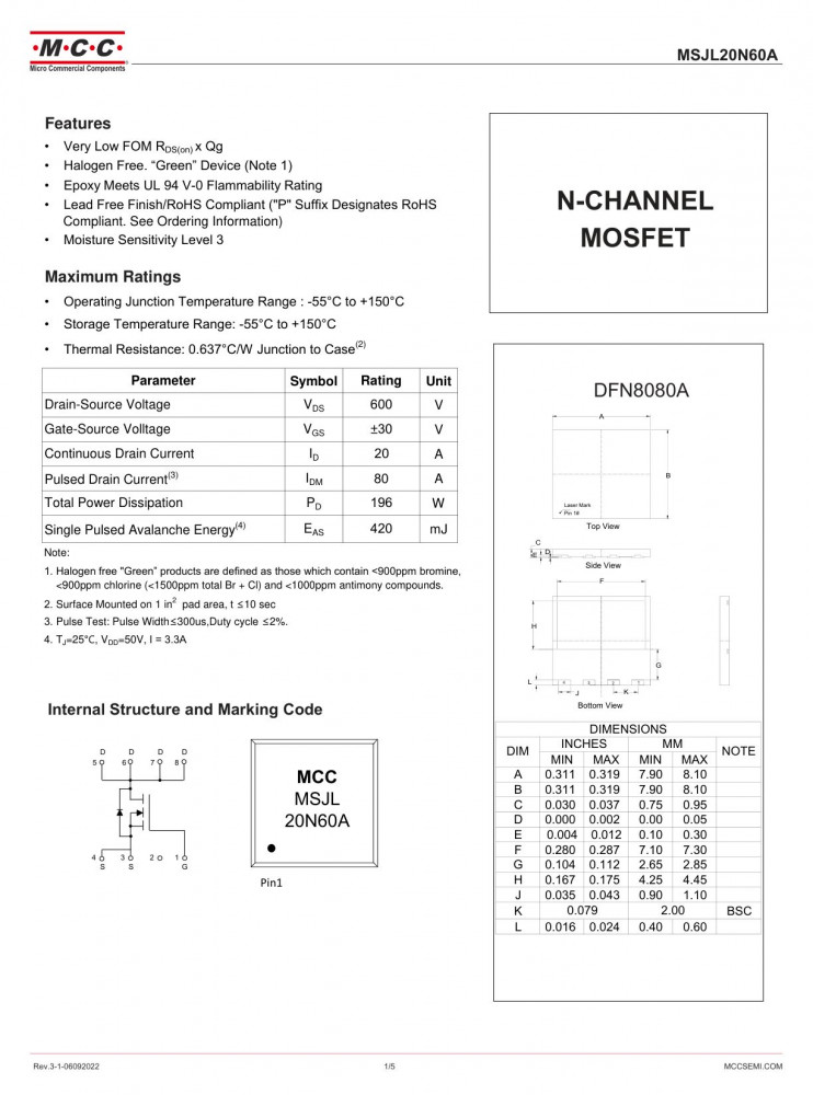MSJL20N60A-TP datasheet page 1