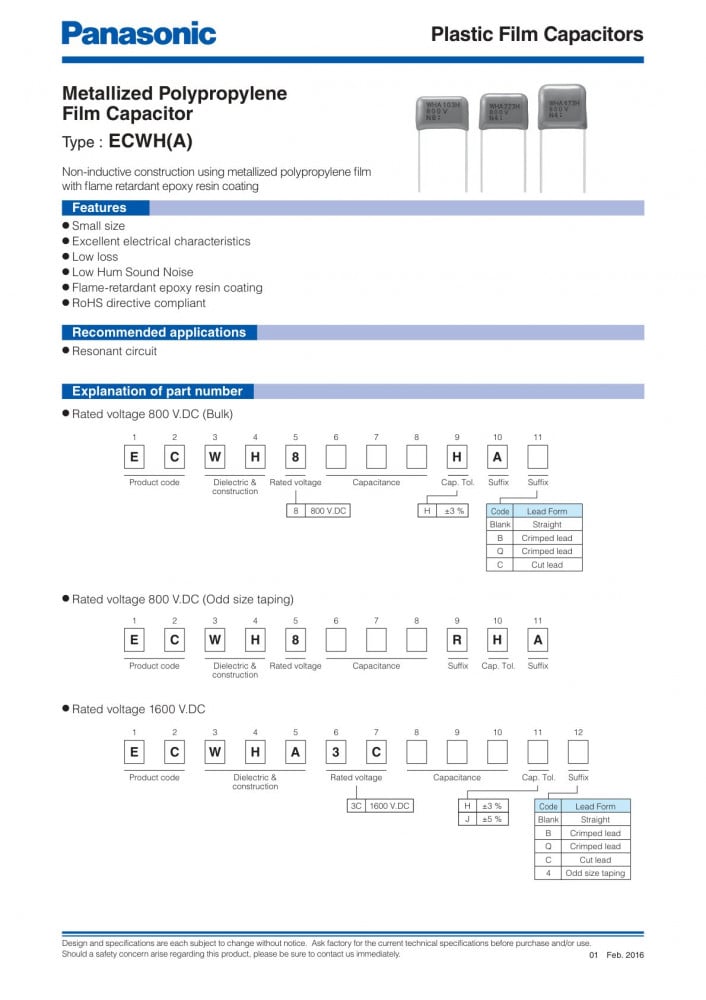 Panasonic ECWH(A) datasheet page 1