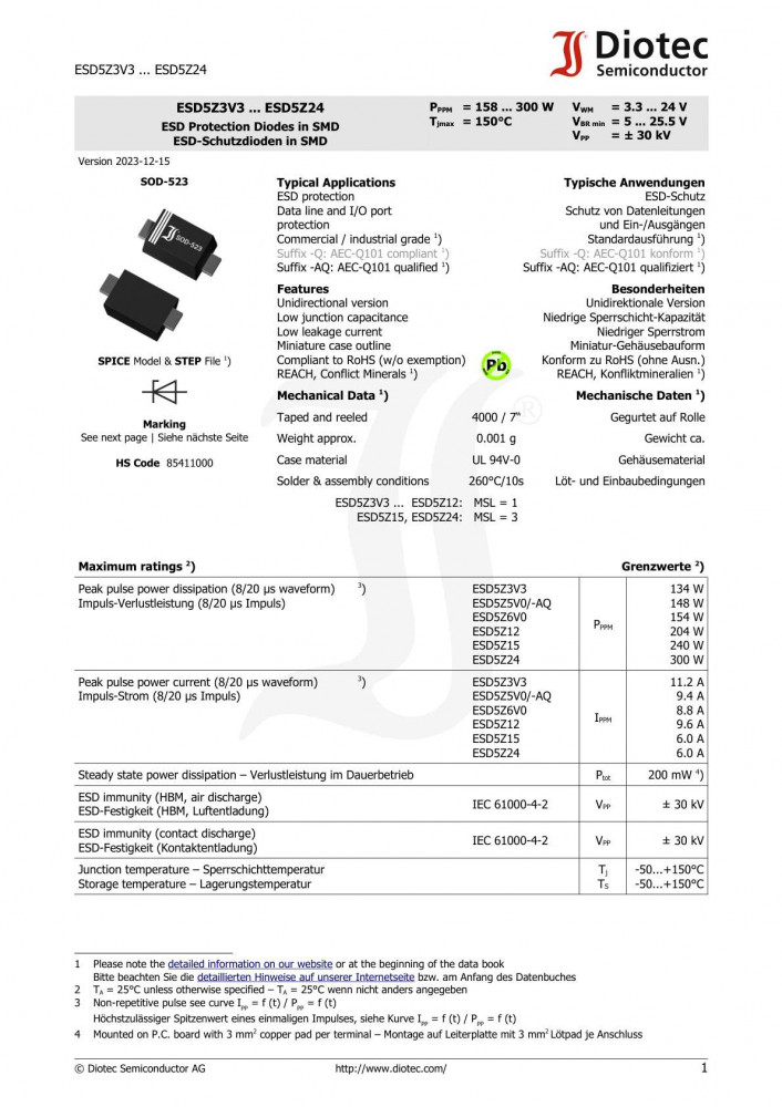DIOTEC ESD5Z6V0 datasheet page 1