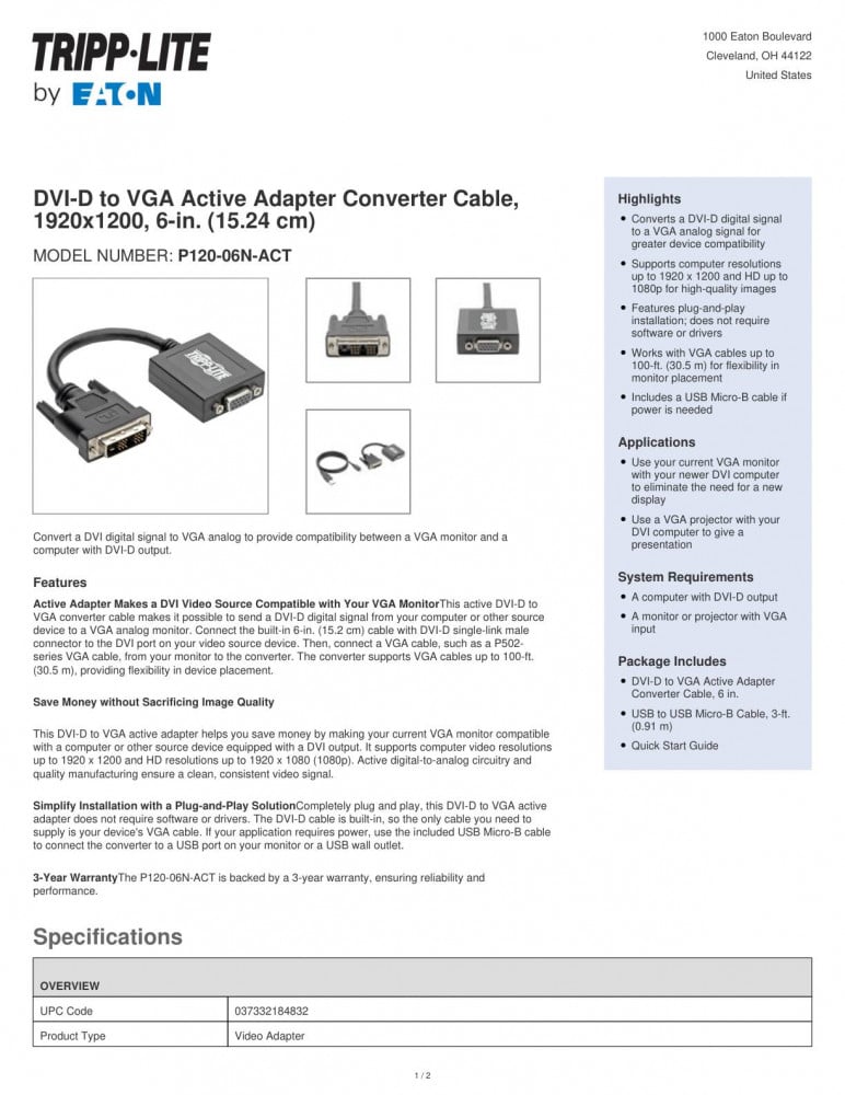 EATON P120-06N-ACT technical document page 1