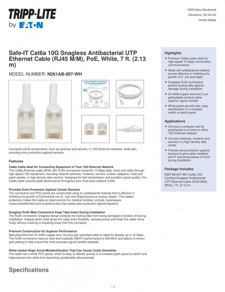 N261AB-007-WH technical document page 1