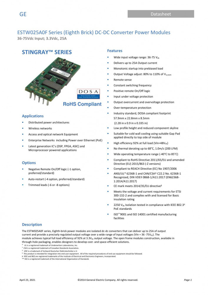 ESTW025A0F datasheet page 1