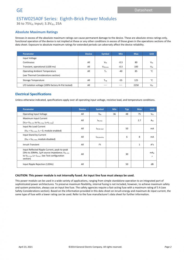 ESTW025A0F datasheet page 2