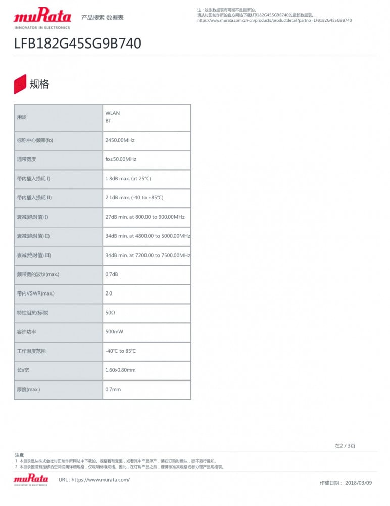 Murata LFB182G45SG9B740 datasheet page 2