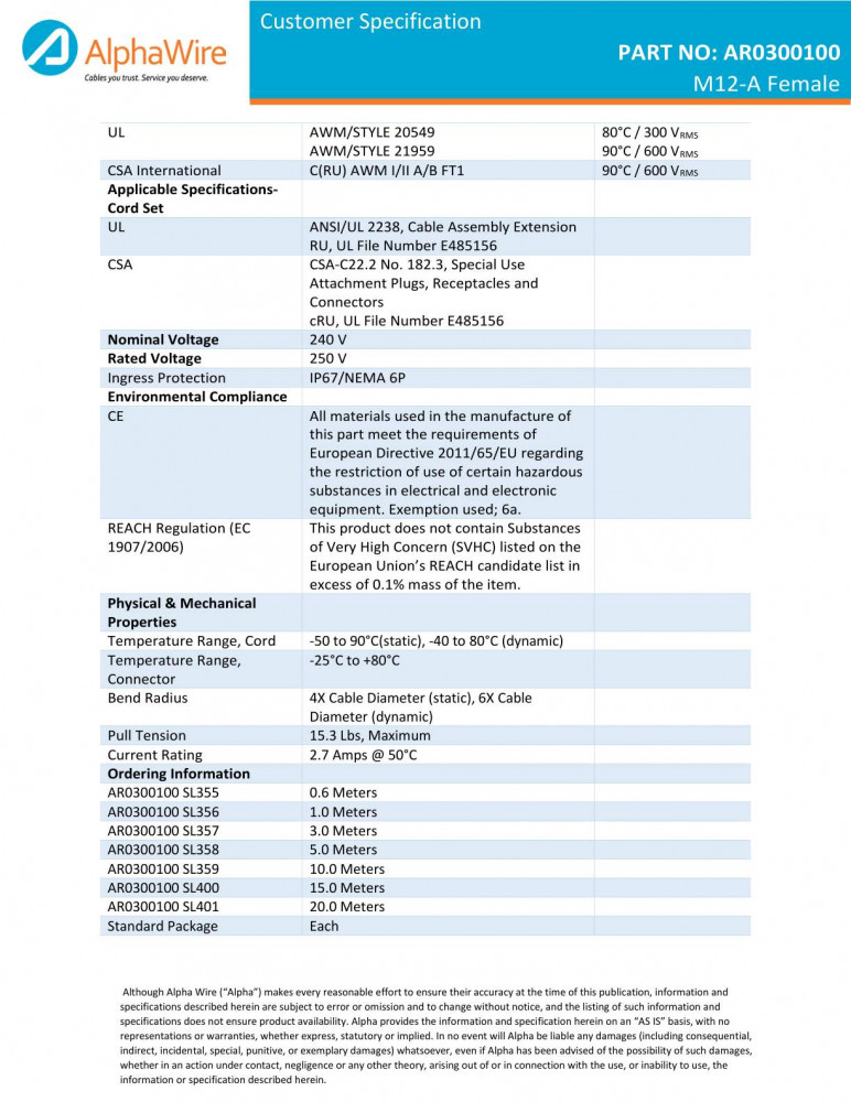 Alpha Wire AR0300100 SL358 technical data