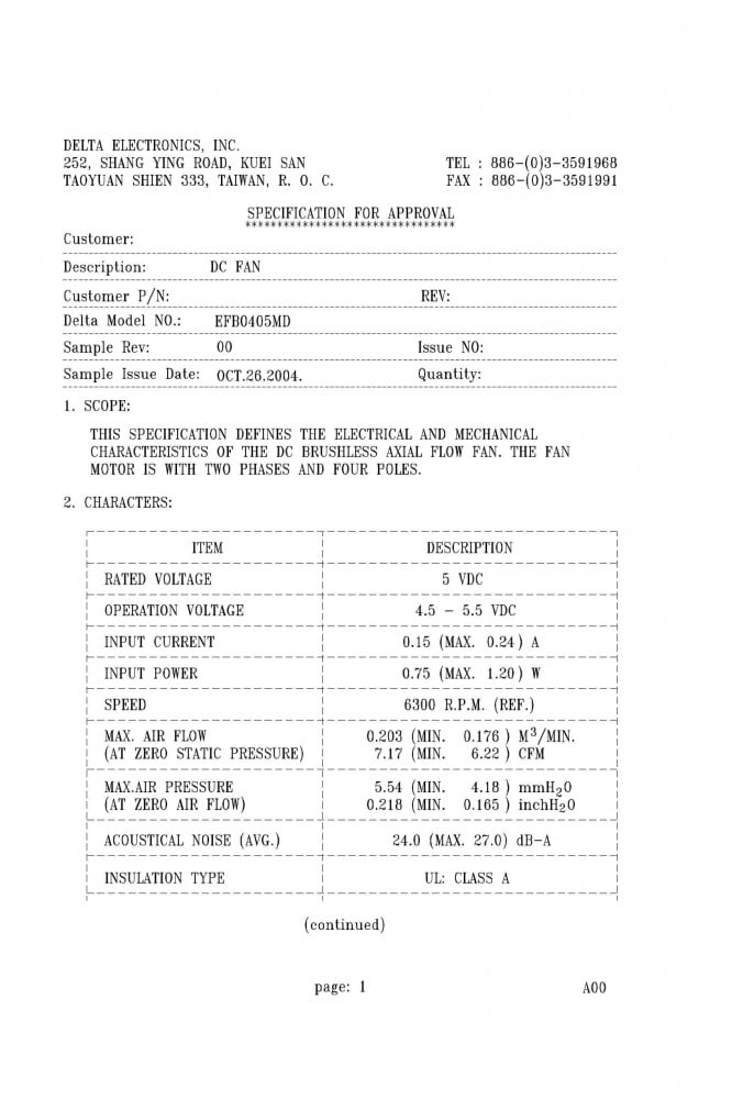 EFB0405MD specification page 1
