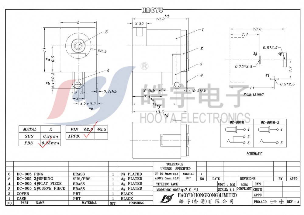 HOOYA DC-005B-2.0-PU technical drawing