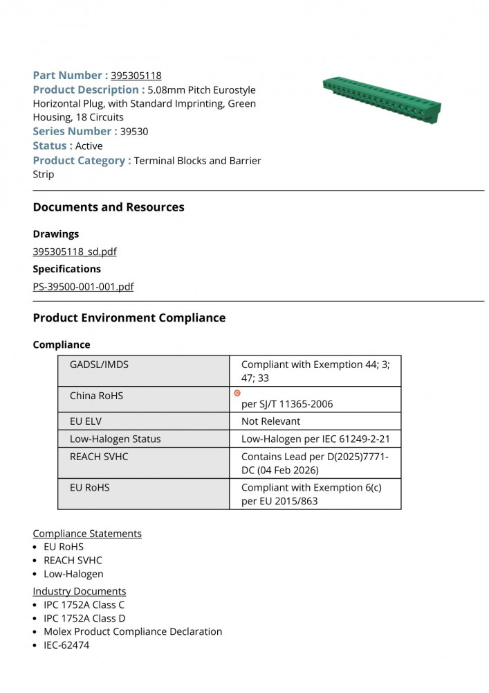 MOLEX 395305118 technical document preview, page 1