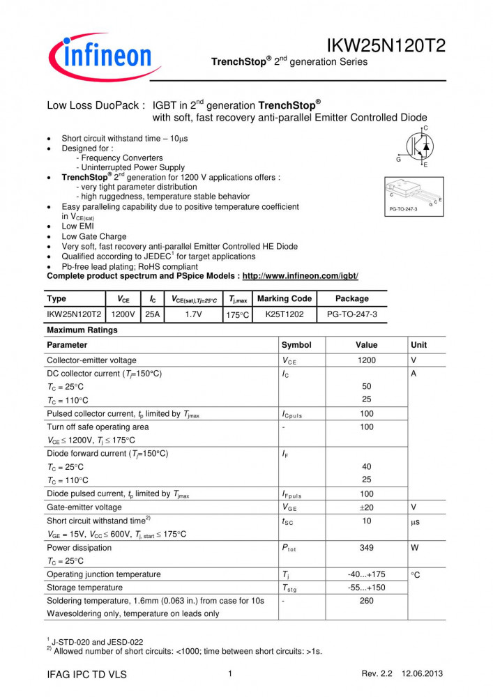 IKW25N120T2 datasheet page 1