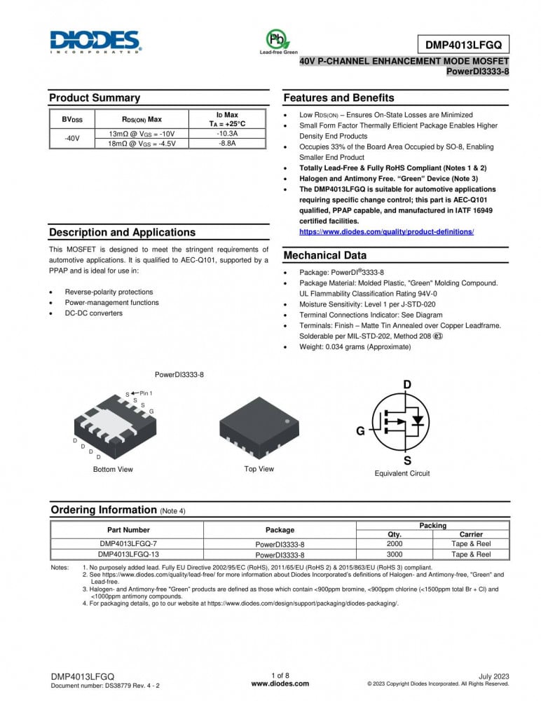 DMP4013LFGQ-13 datasheet page 1