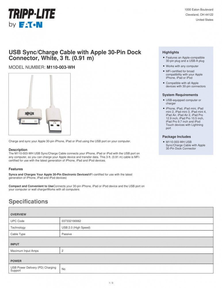M110-003-WH technical document page 1