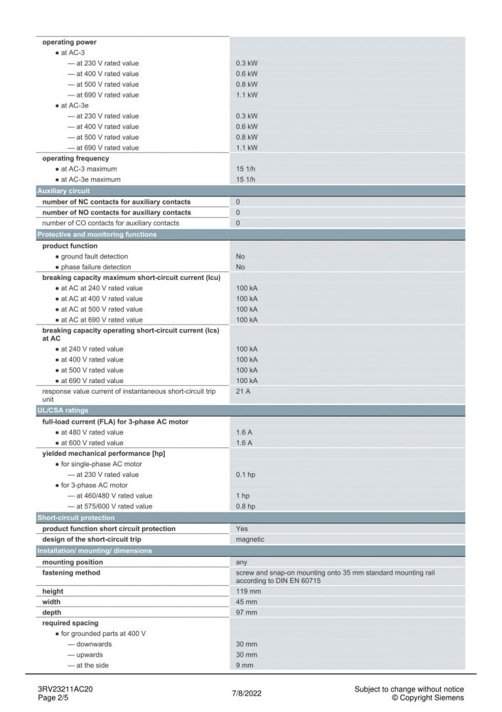 3RV23211AC20 datasheet page 2