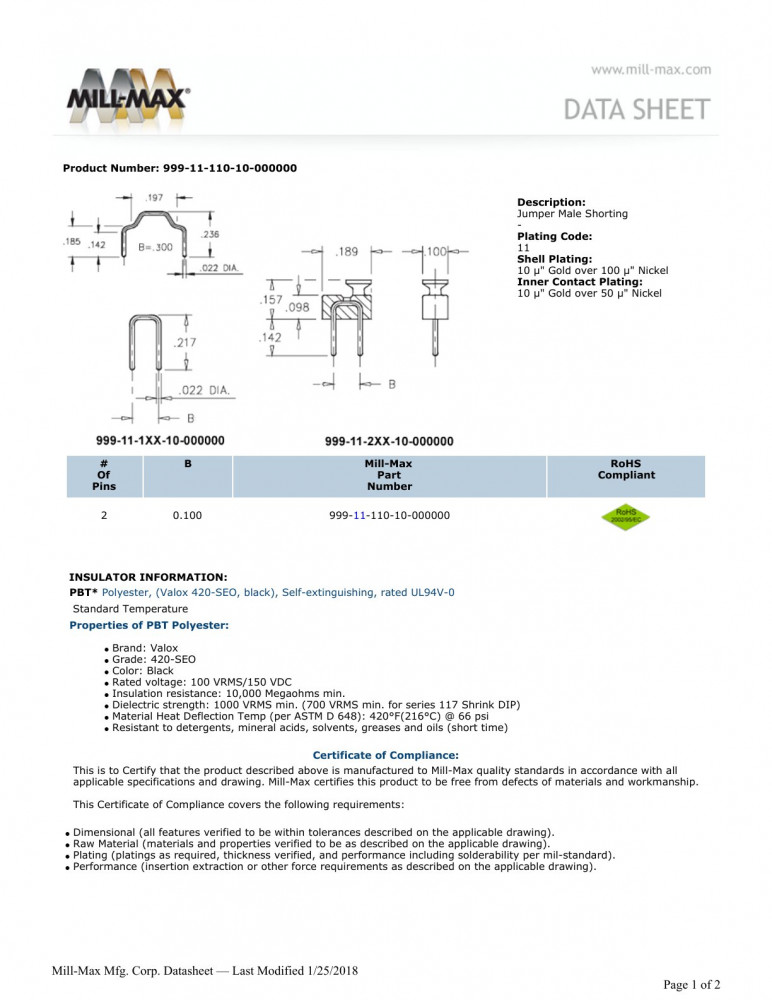 Mill-Max 999-11-110-10-000000 technical document page 1
