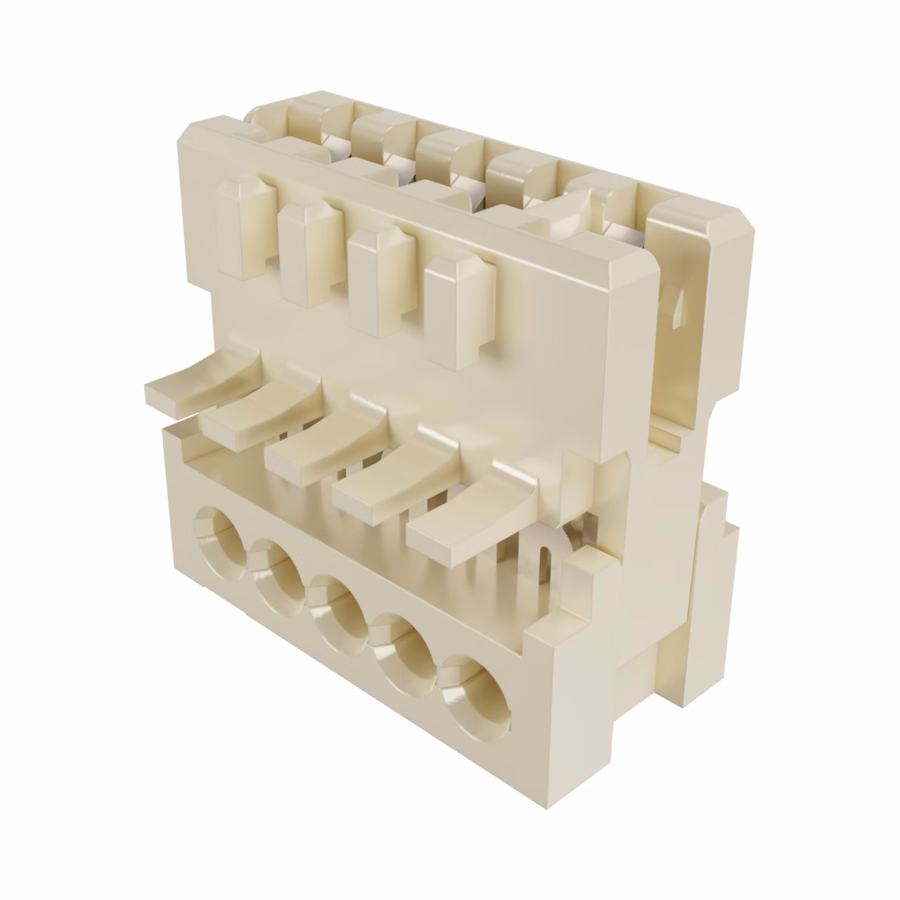 Appli-Mate RAST 2.5 Connector, 2.50mm Pitch, Female, 5 Circuits, Positions A and F Removed, Polarizing Rib Between 4/5, Locking Pips, 1 Slotted and 1 Open Endwall, Tin Plating for sale