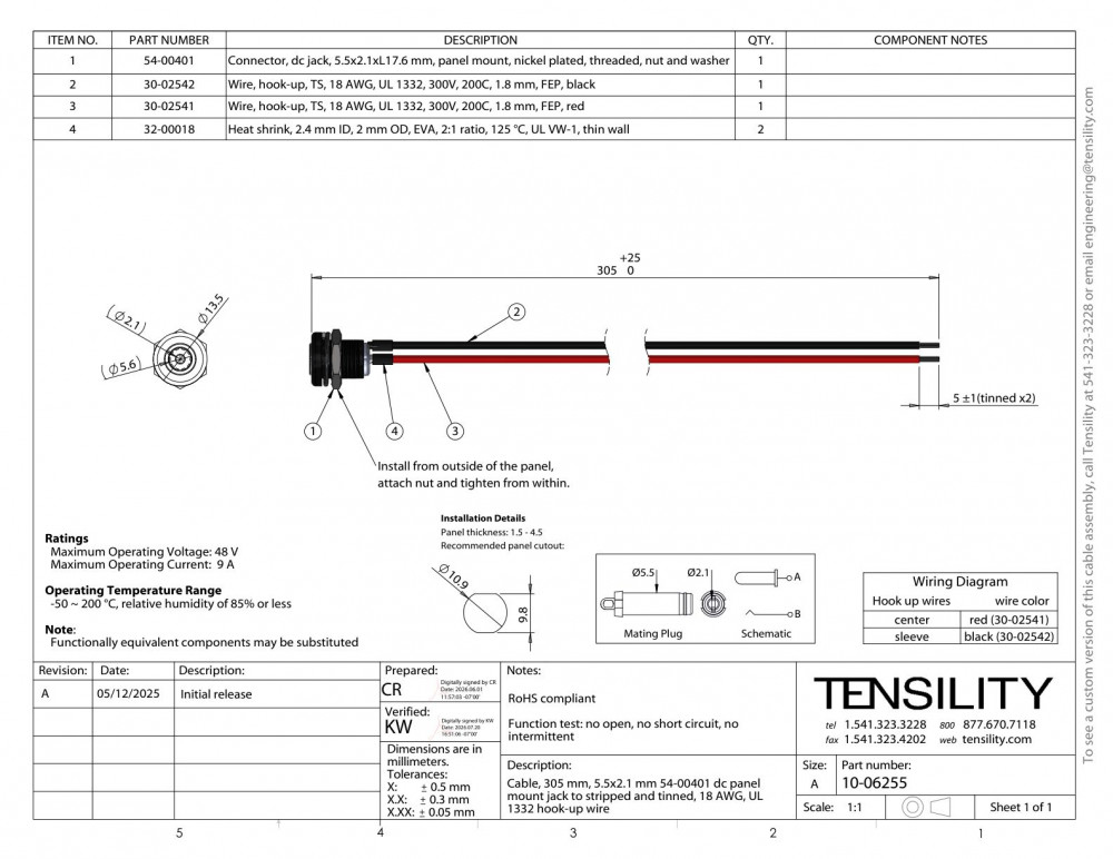 Tensility International 10-06255 product drawing and wiring details