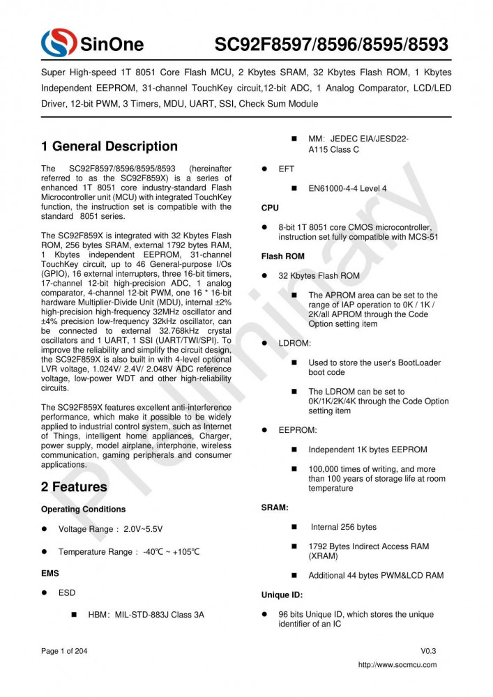 SC92F8595 datasheet page 1