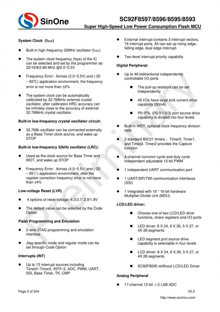 SC92F8595 datasheet page 2
