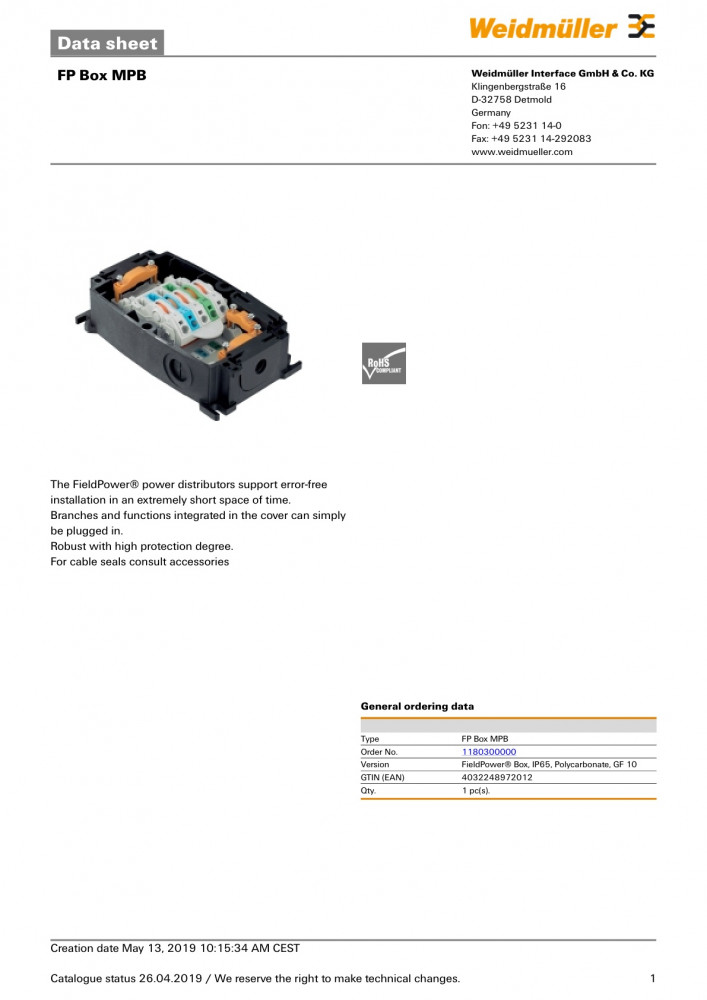 WEIDMULLER 1180300000 technical document page 1