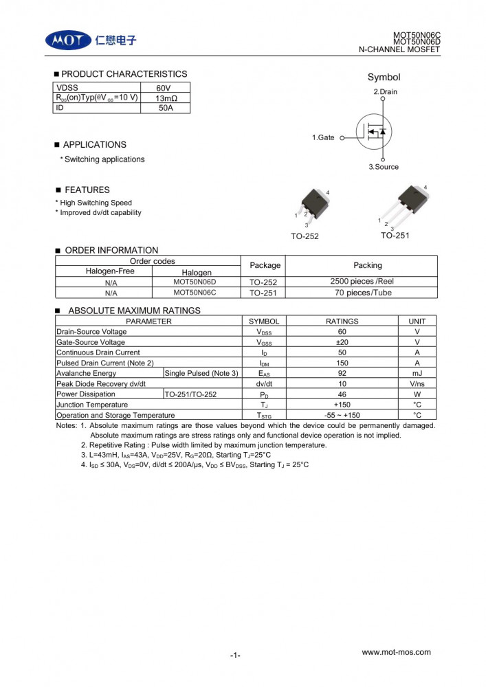 MOT50N06D datasheet page 1