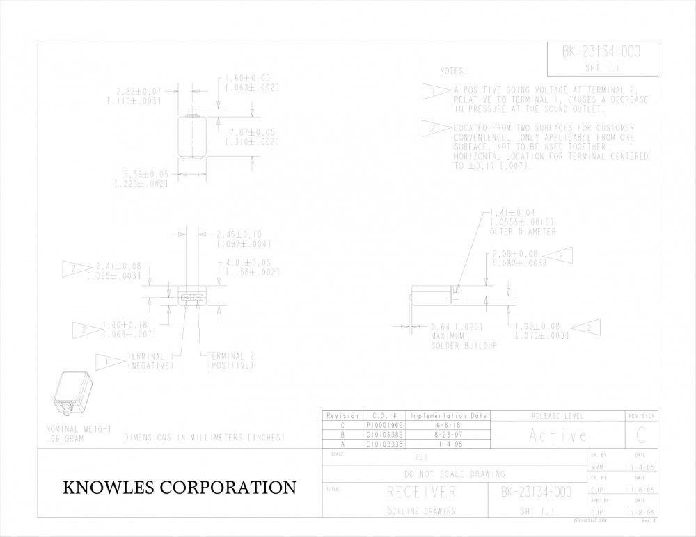 Knowles BK-23134-000 receiver outline drawing