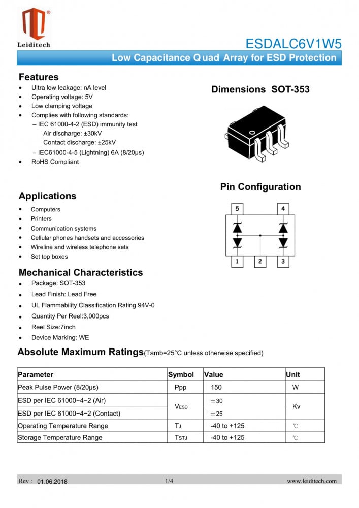 ESDALC6V1W5 datasheet page 1