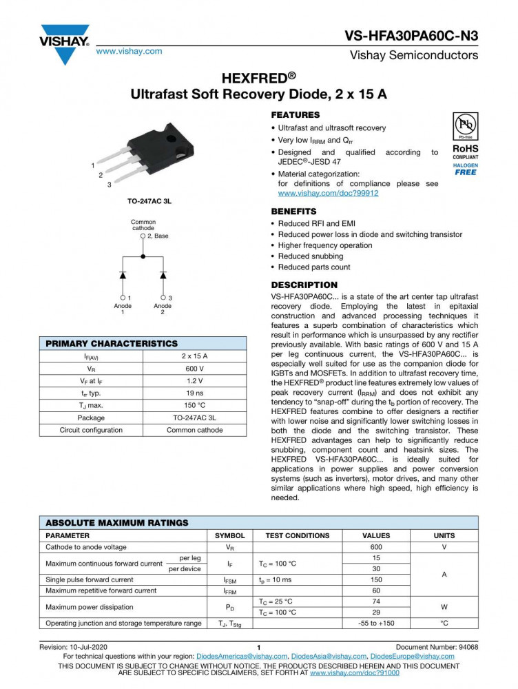 VS-HFA30PA60C-N3 datasheet page 1