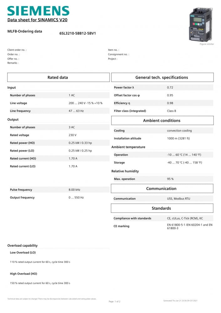 SIEMENS 6SL32105BB125BV1 technical document page 1